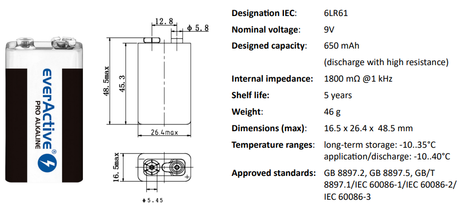 6LR61 Alkaline EverActive Pro 9 V Battery